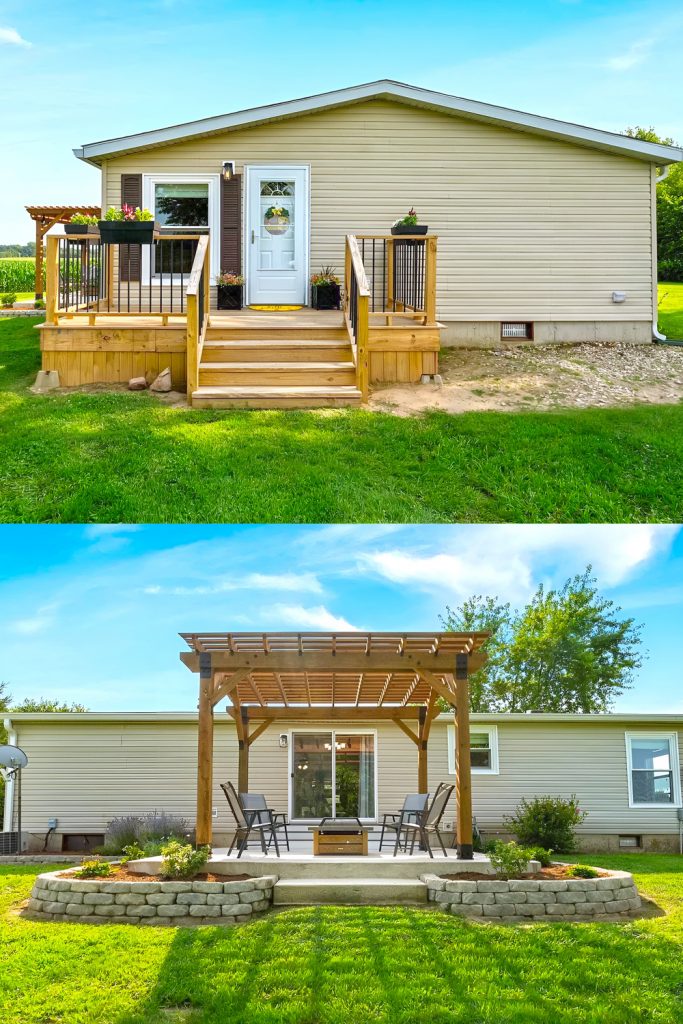 A Stylish Mobile Home Exterior with Front Deck and Back Patio
